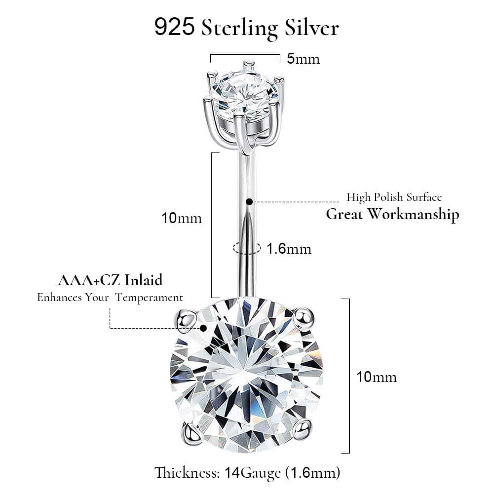 Arardo 14G 925 Sterling Silver Round CZ Belly Button Rings Navel Rings